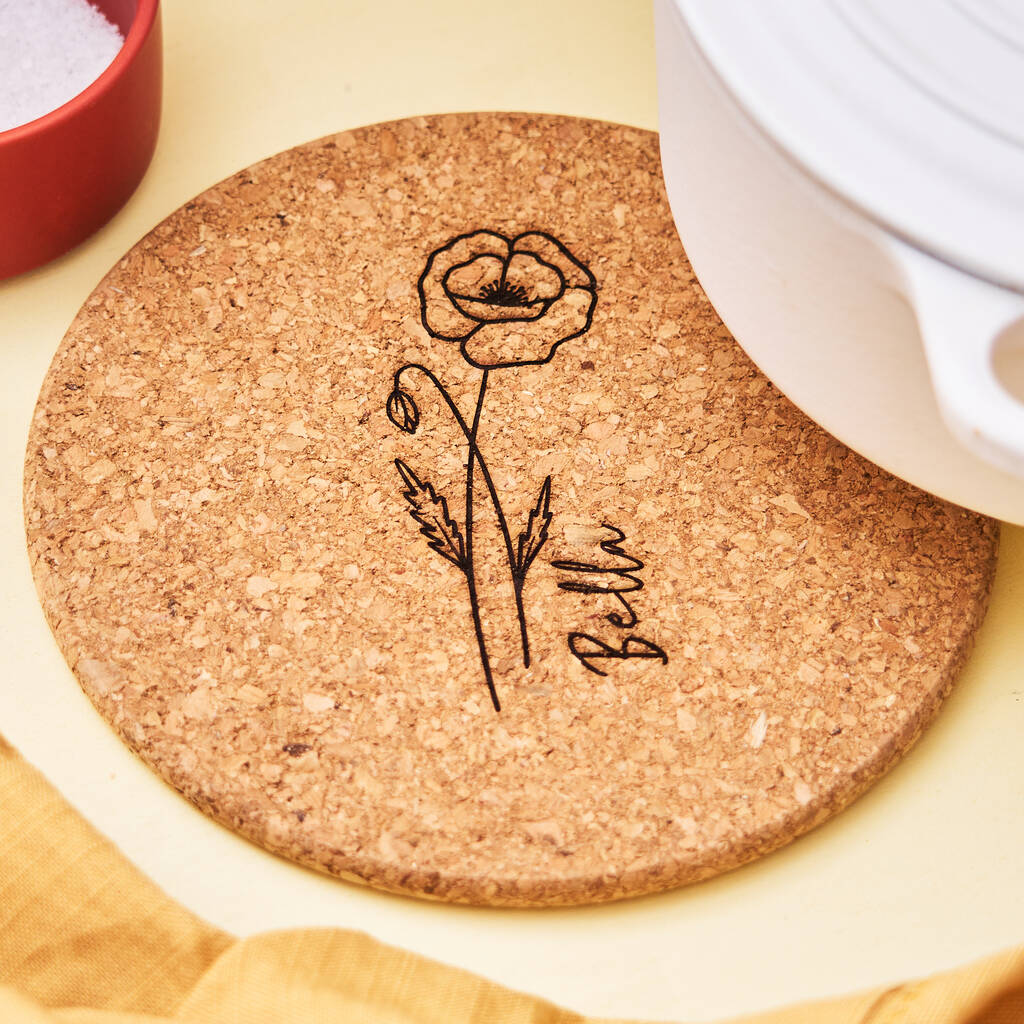 Birth Flower Personalised Cork Trivet – Sophia Victoria Joy